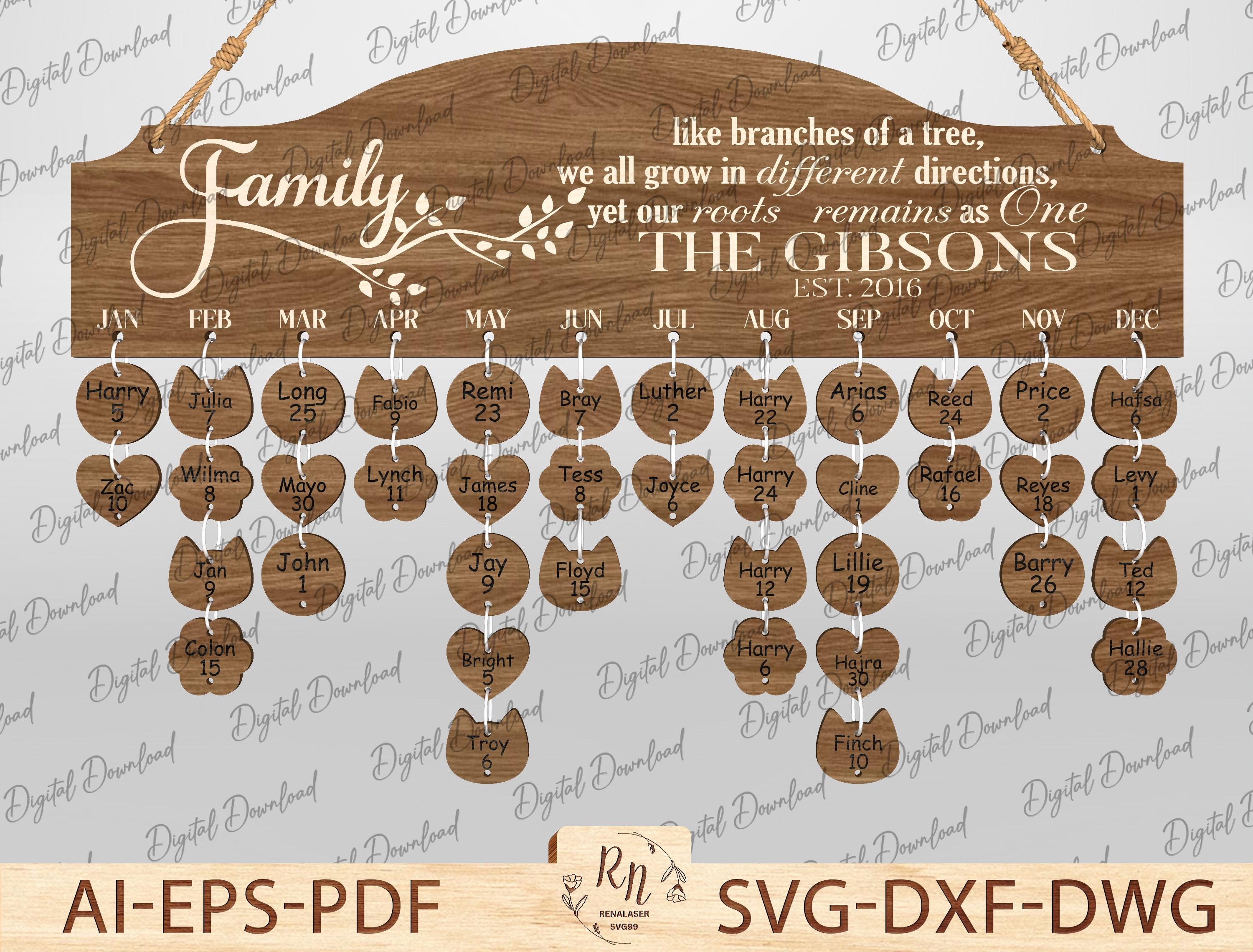 Family Celebrations Calendar SVG, Laser Cut File for Glowforge, Family ...