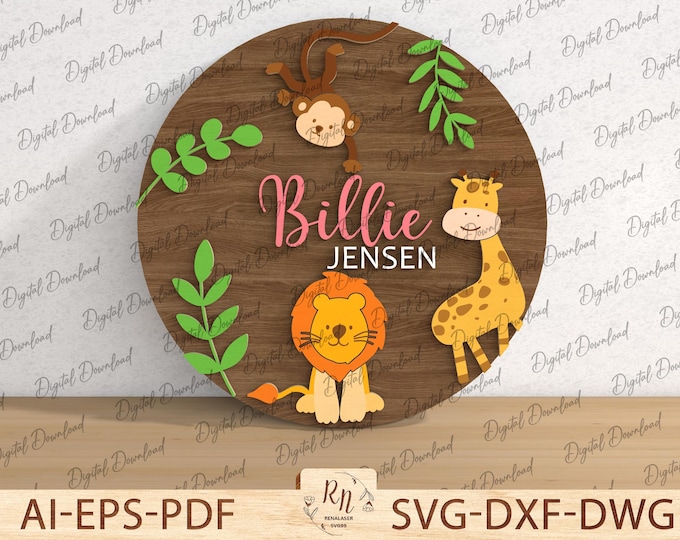 Giraffe Baby Name Sign SVG, Jungle Animals Round Nursery Name Sign ...