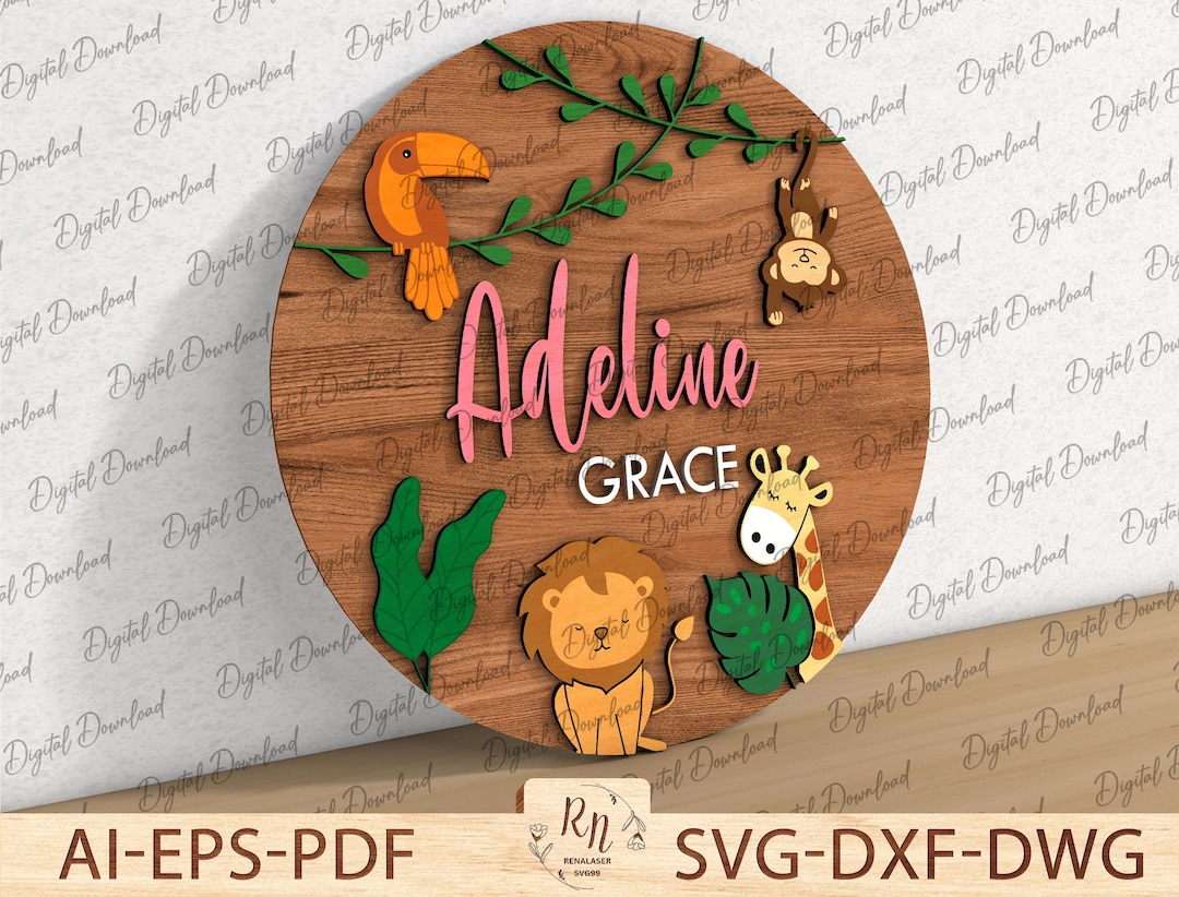 Baby Name Sign Bundle SVG Laser Cut File, Nursery Round Sign Animals ...