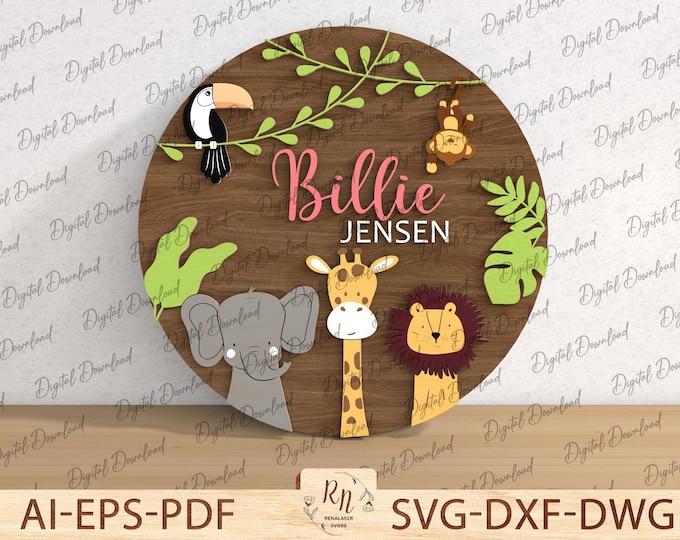 Giraffe Baby Name Sign SVG, Jungle Animals Round Nursery Name Sign ...