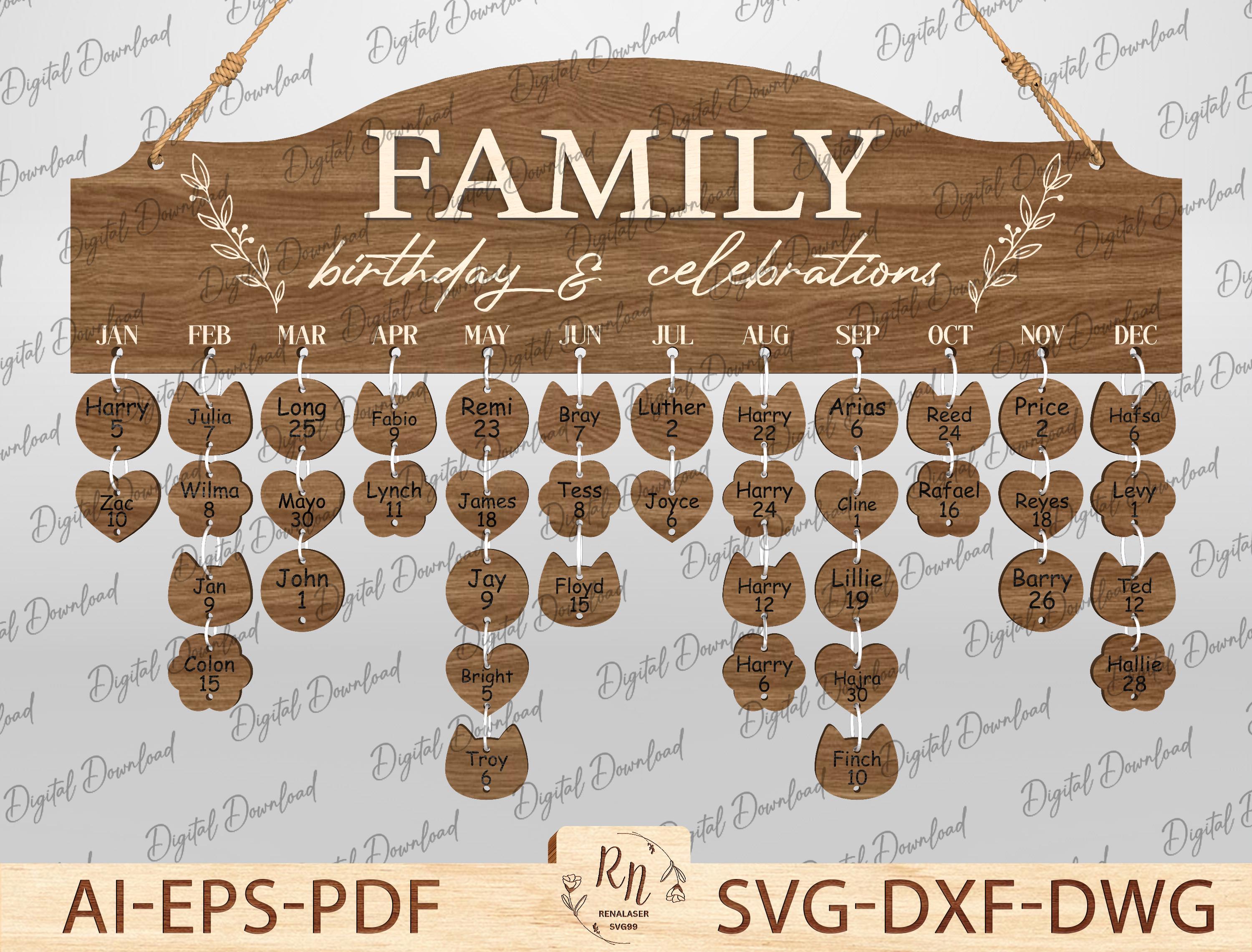 Family Celebrations Calendar SVG, Laser Cut File for Glowforge, Family ...