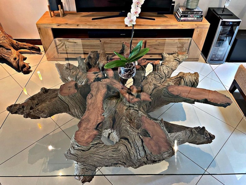 Tree Root Coffee Table Made From Solid Wood With Natural Shape and A Tempered Glass Top, Rustic ...