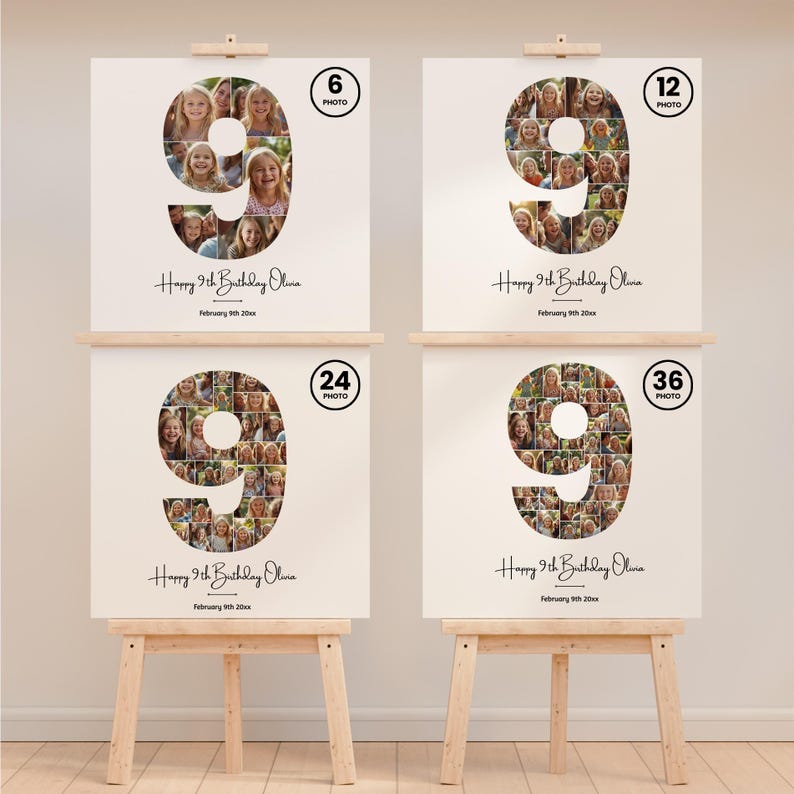 9th Birthday Photo Frame Template, Photo Collage Sign, Canva Editable ...