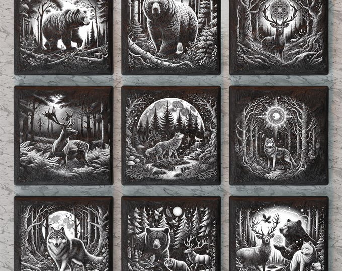 Woodland Slate Coaster PNG, Wildlife Slate Tiles Laser Engraving Design ...