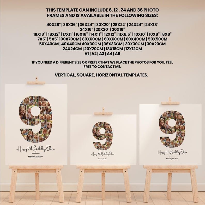 9th Birthday Photo Frame Template, Photo Collage Sign, Canva Editable ...