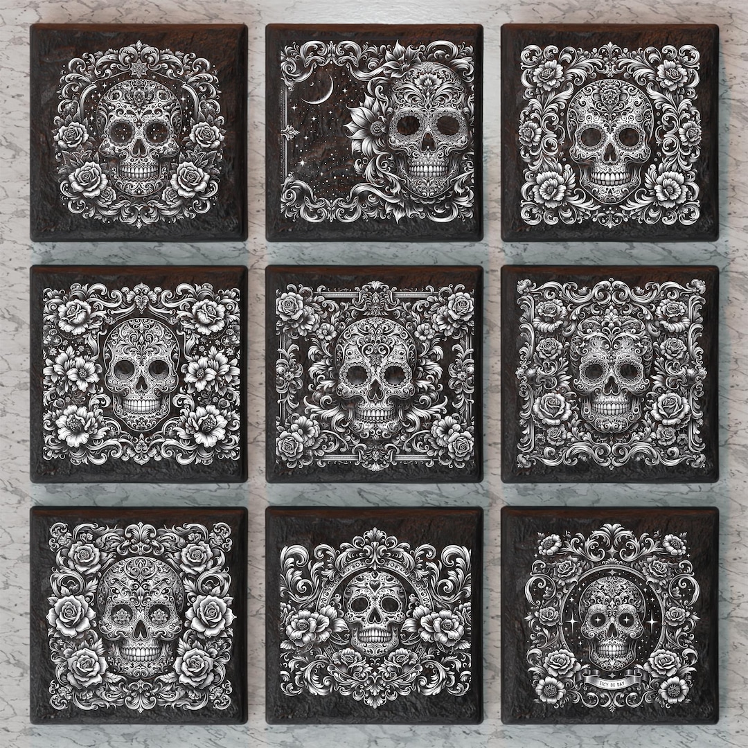Sugar Skull Slate Coaster PNG, Mexican Slate Tiles Laser Engraving ...