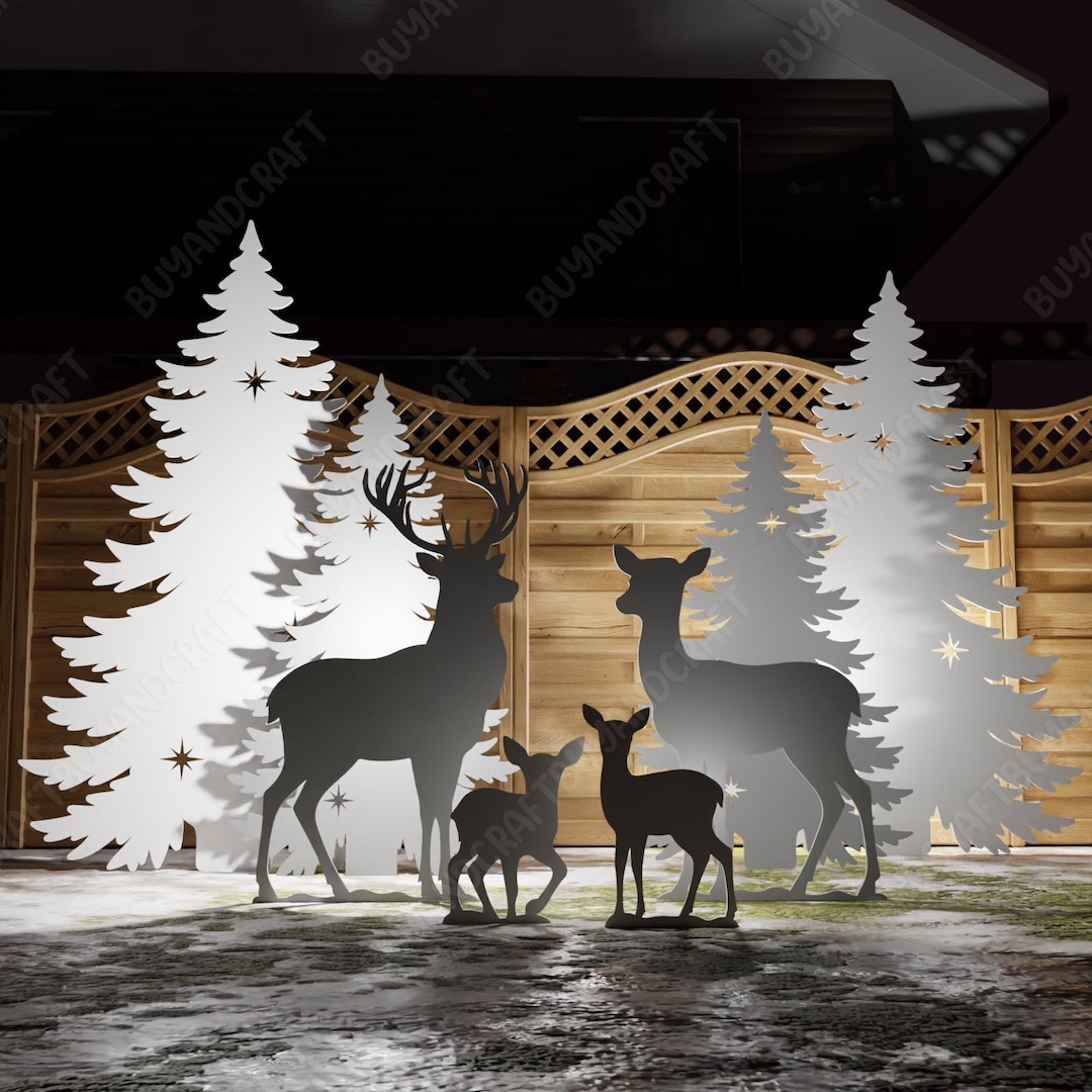 Christmas Tree & Reindeer Silhouette Template, Printable Decor (digital ...