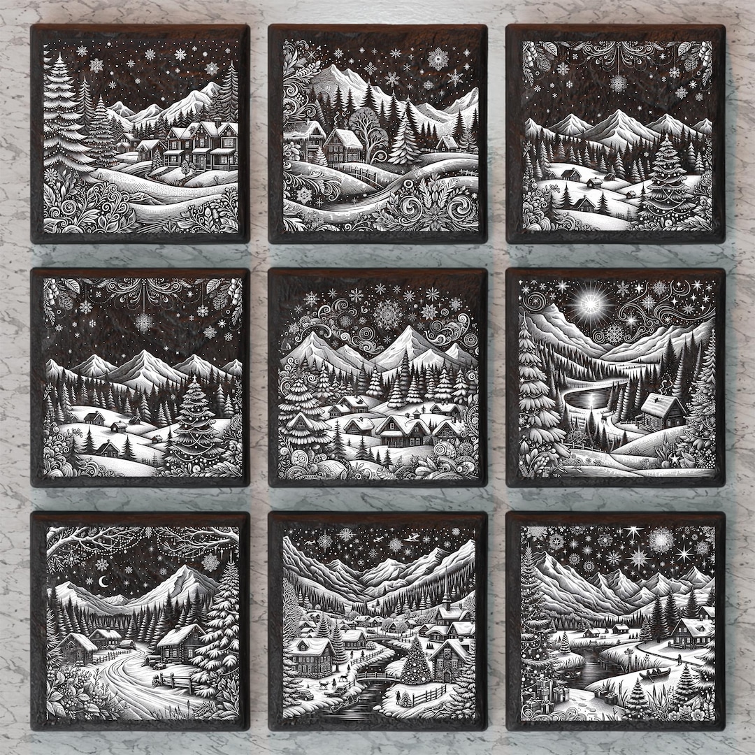 Christmas Slate Coaster PNG, Winter Scene Slate Tiles Laser Engraving ...