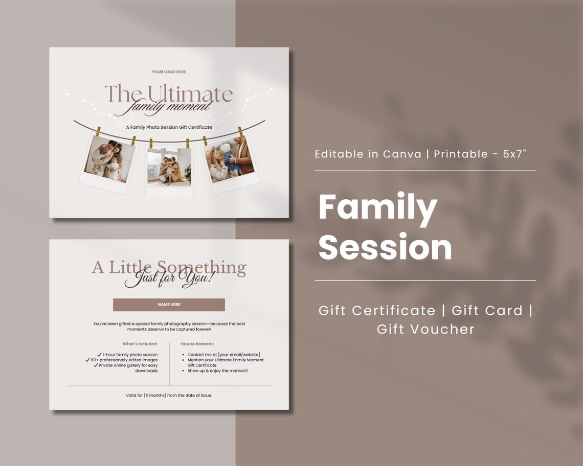 Family Photo Session Gift Certificate: Canva Template (5x7 Printable ...
