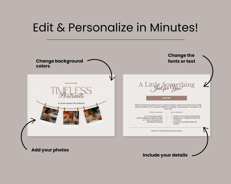 Portrait Photo Session Gift Certificate: 5x7 Canva Template (digital ...