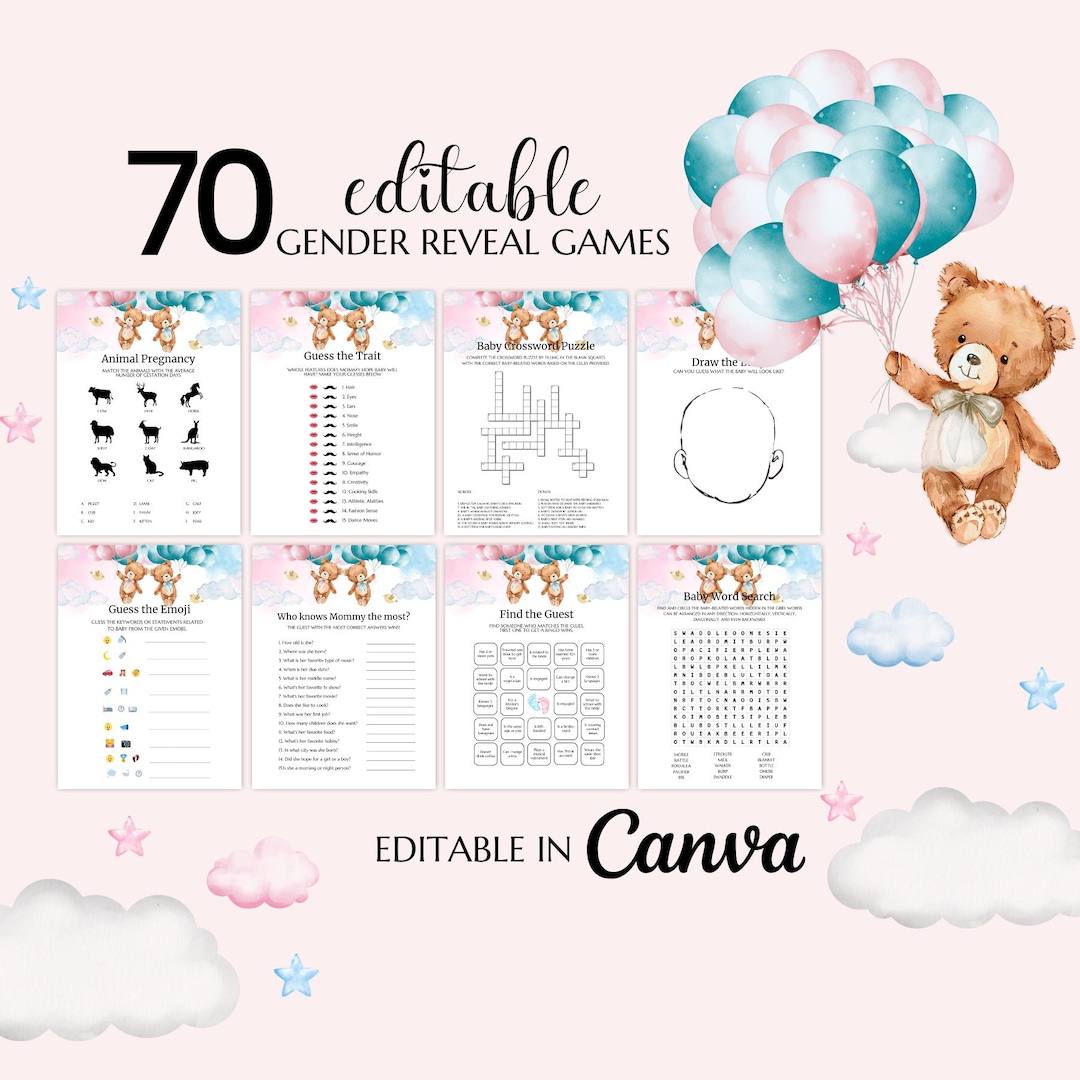 Editable Gender Reveal Games Bear Baby Shower Game Bundle, Girl Boy We Can Bearly Wait Shower ...