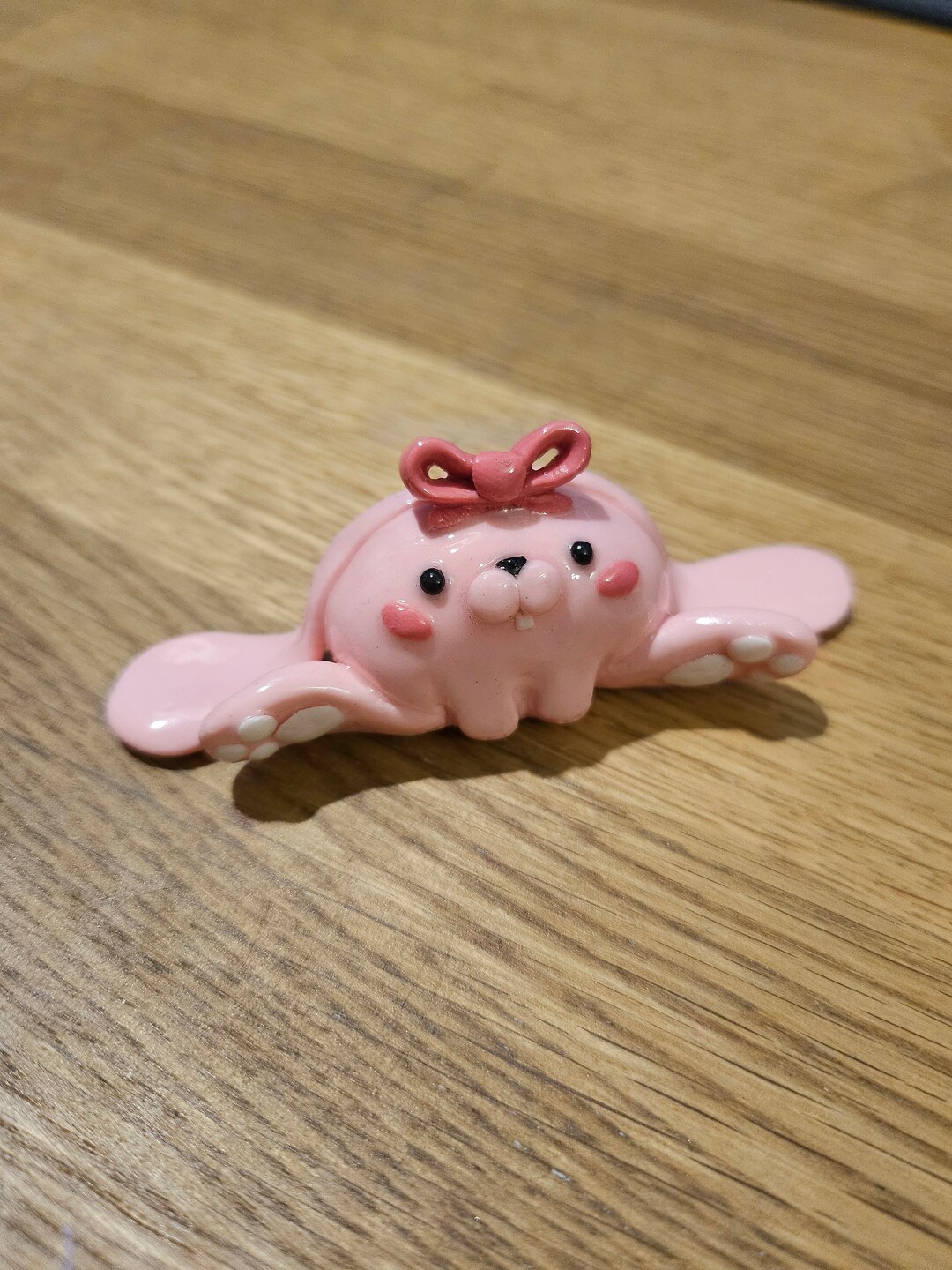 Cute Bunny With Bow Clay Figure Desk Friend Buddy Pink Rabbit Desk ...