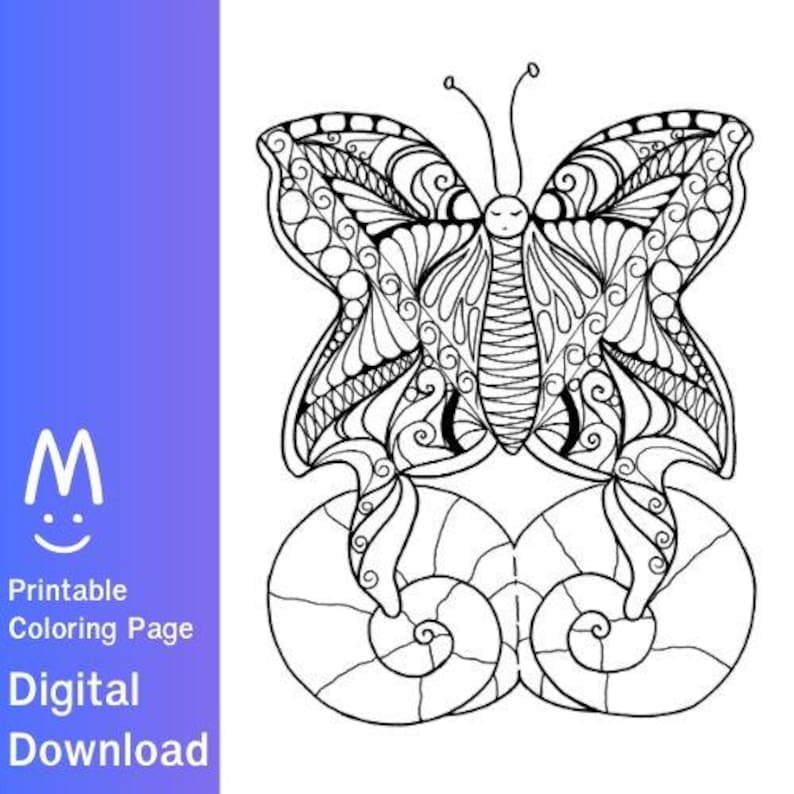 Zentangle Butterfly Coloring Page Printable | Mindfulness Art for ...
