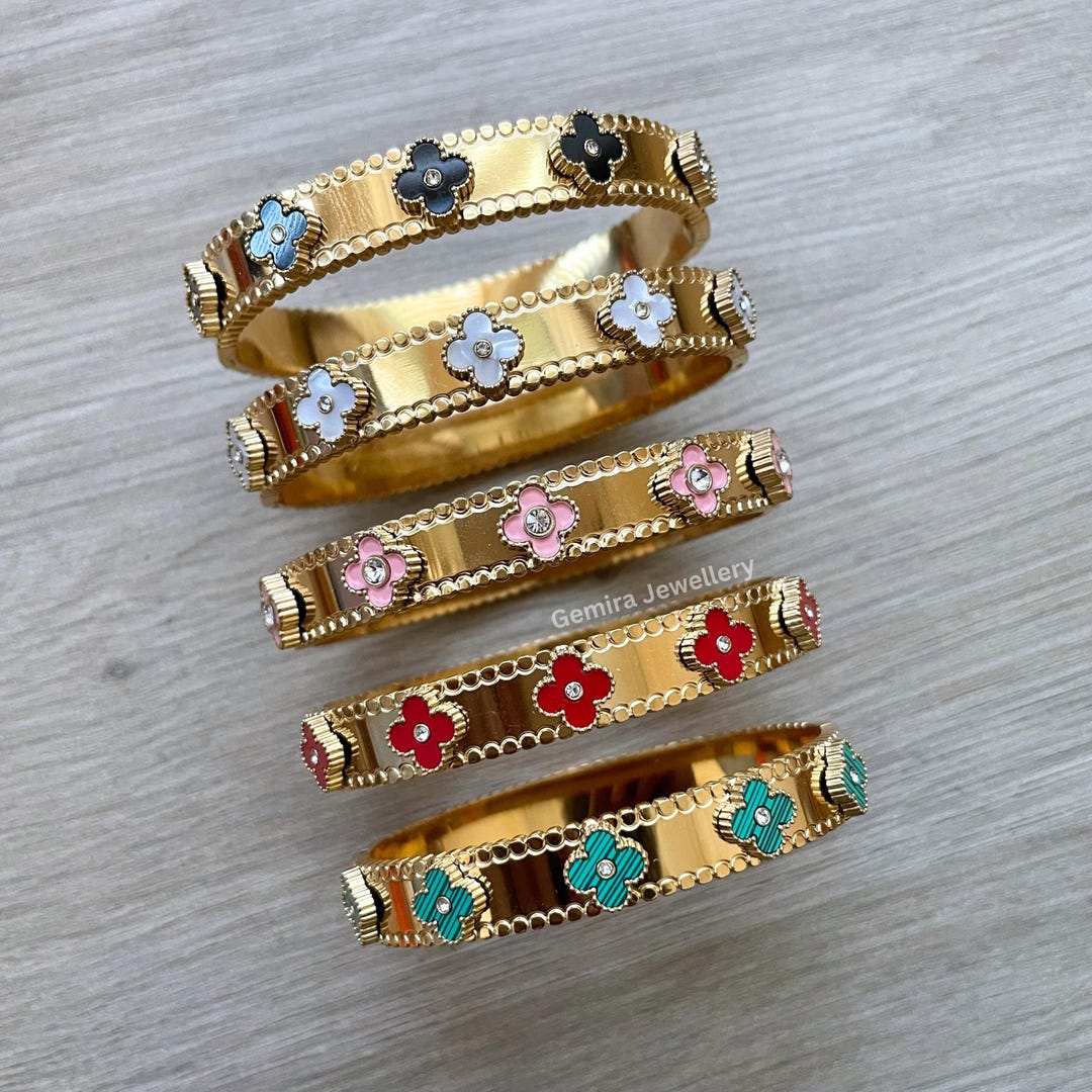 Clover Bracelet, Gold Bangle, Flower Bangles: Stainless Steel, Gift for ...