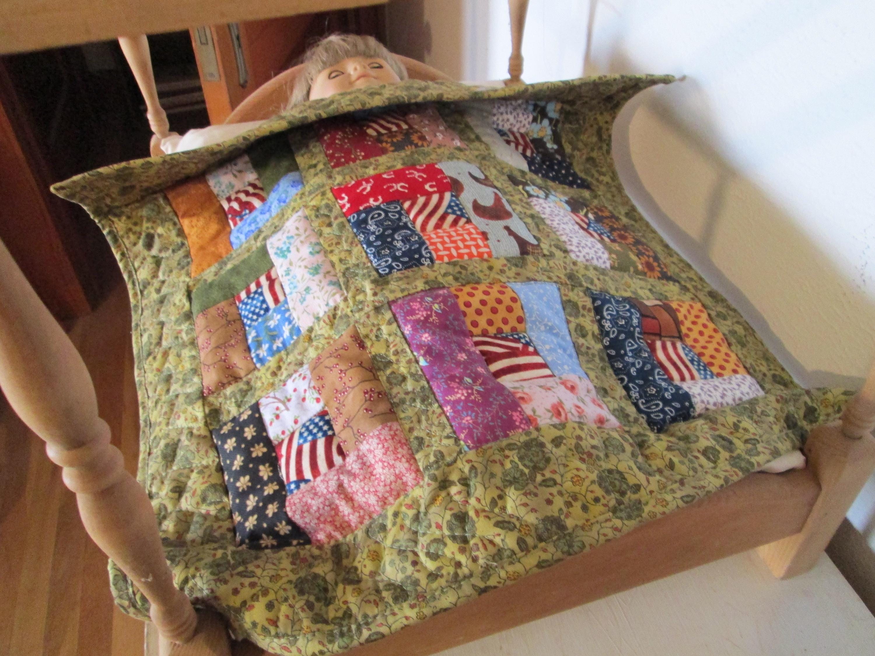 American Made Girl Doll Quilt, Country Green Patchwork, Scrap Quilt ...
