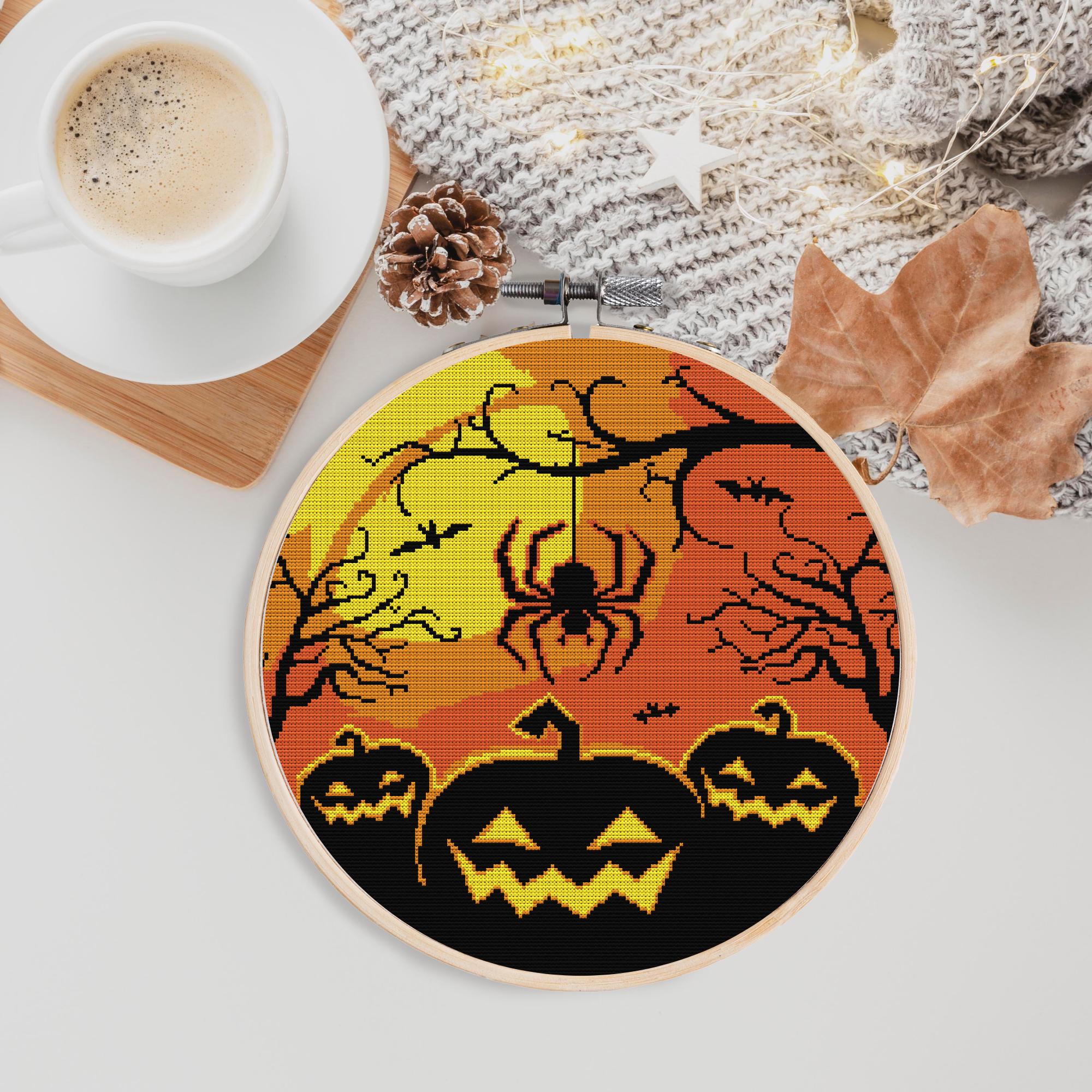 Spooky Pumpkins With Spider Cross Stitch Pattern PDF, Easy Halloween ...