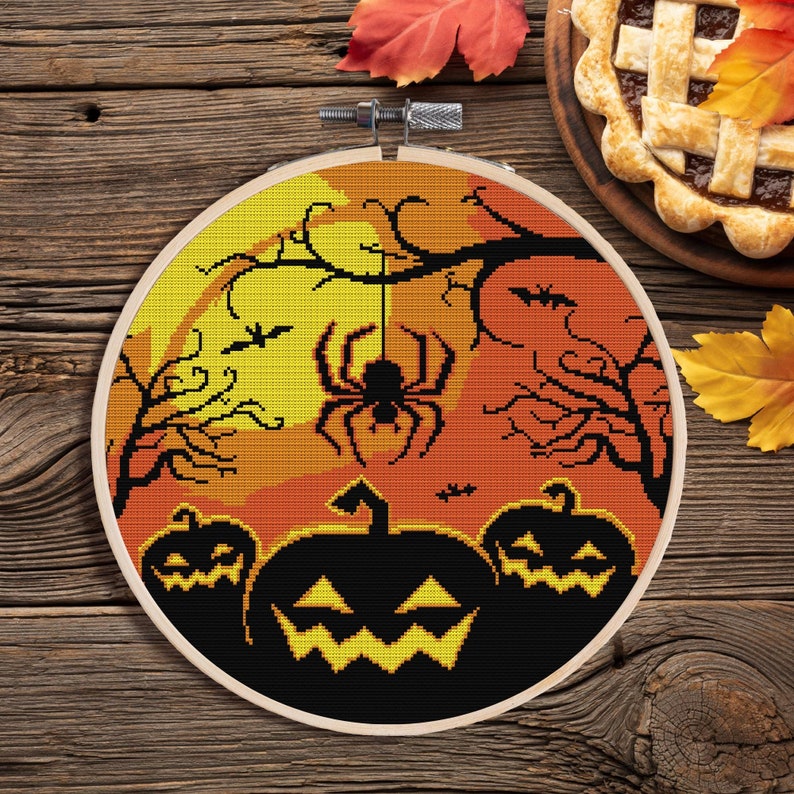 Spooky Pumpkins With Spider Cross Stitch Pattern PDF, Easy Halloween ...
