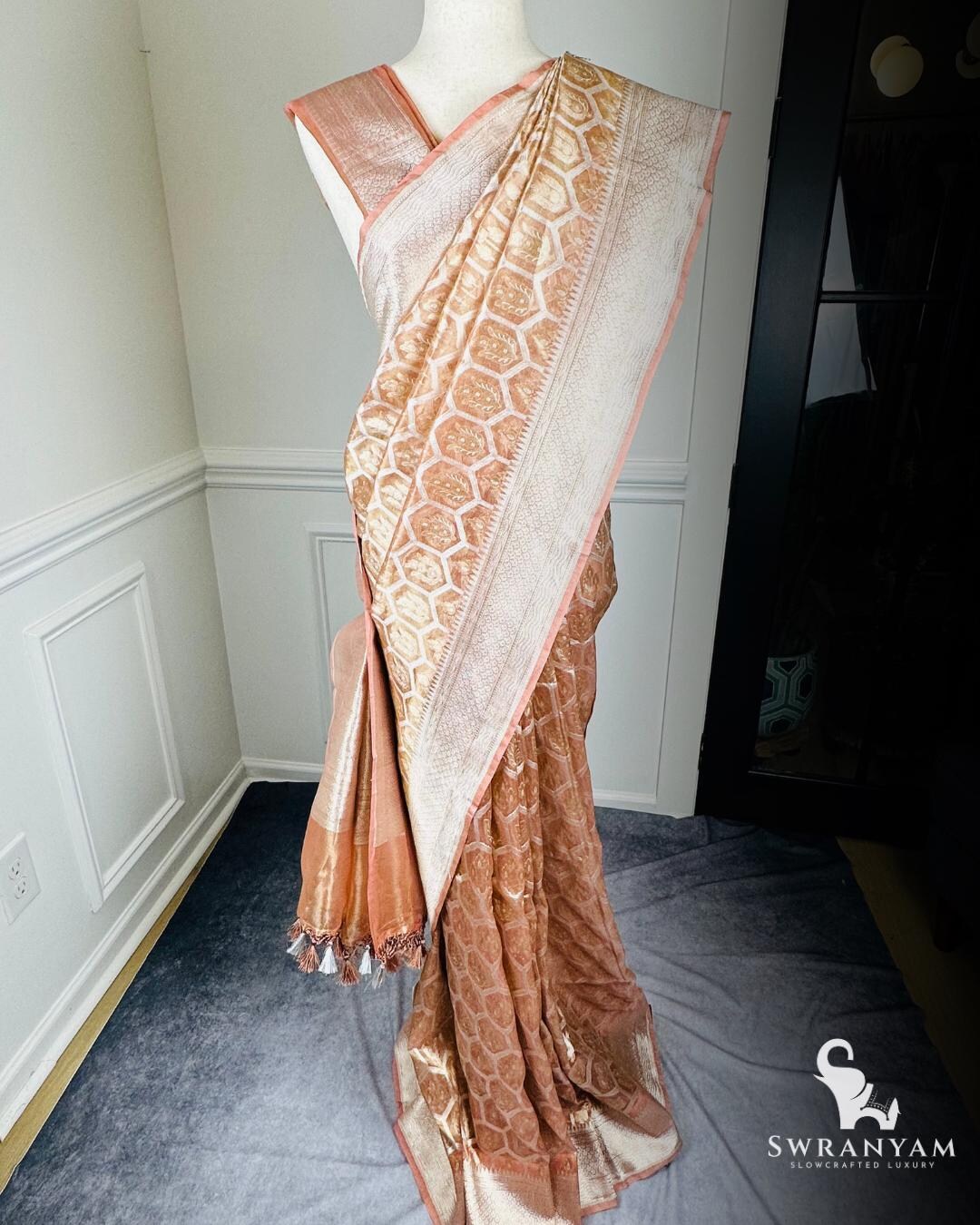 Pure Rose Gold Silk Tissue Saree With Gold Zari Jaal & Traditional Zari ...