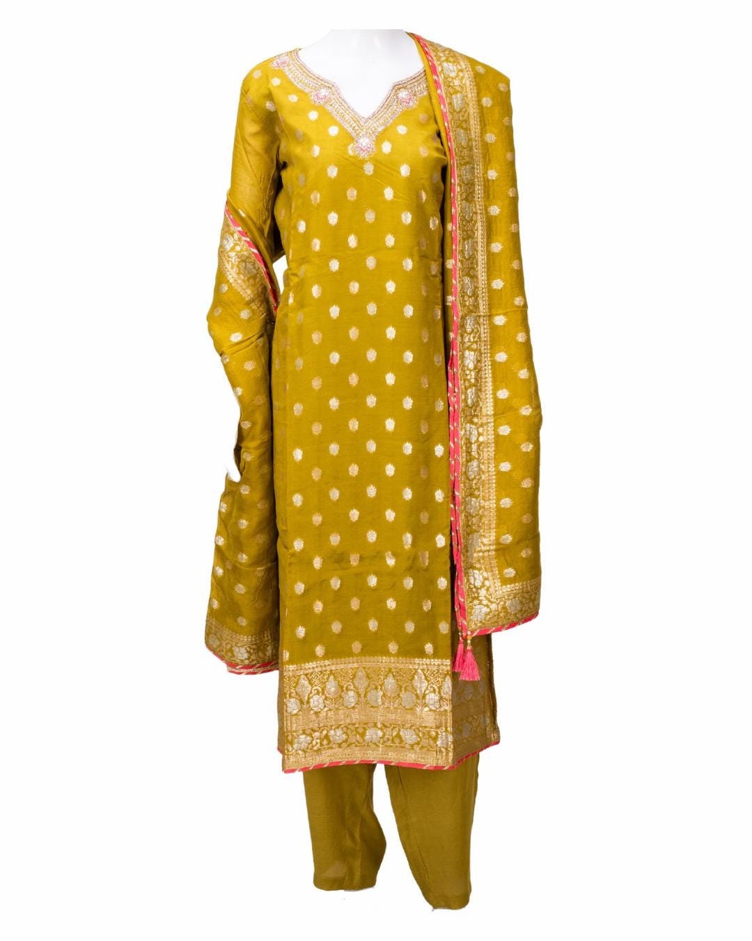 Ochre Green Banarasi Kurta Set With Pants and Organza Dupatta With Gota ...
