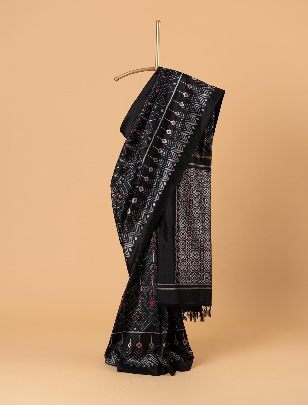 Black Ikkat Pure Silk Handwoven Saree With Cambodian Ikat Pattern and ...