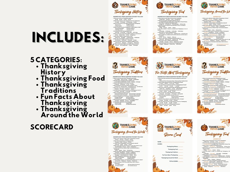 Thanksgiving Trivia Game Thanksgiving Party Game Printable Fall Trivia ...