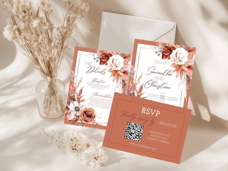 Boho Rust Wedding Invitation Template Terracotta Wedding Invitation ...