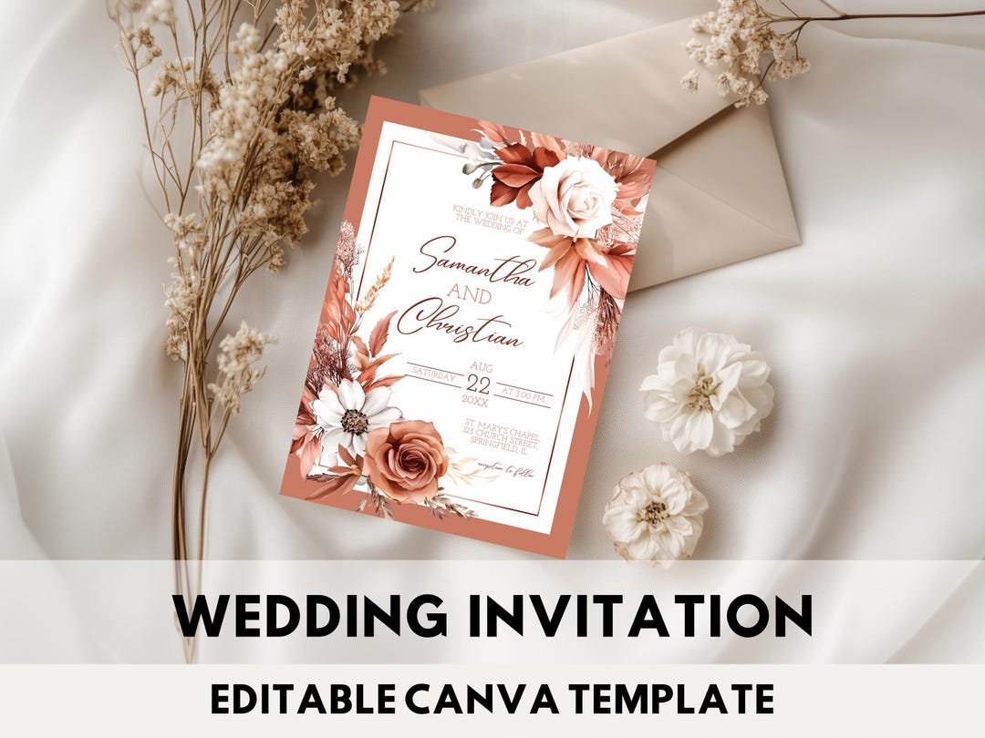 Boho Rust Wedding Invitation Template Terracotta Wedding Invitation ...