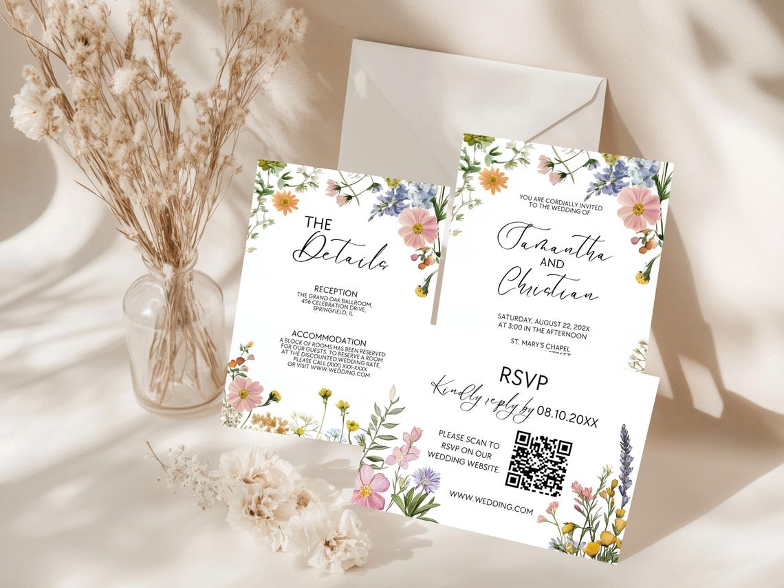 Wildflower Wedding Invitation Template Printable Floral Boho Wedding ...
