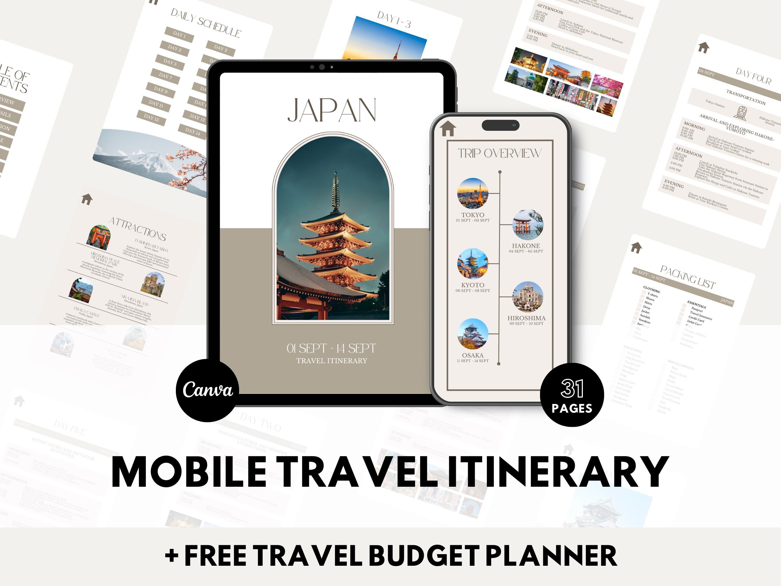 Editable Mobile Travel Itinerary Canva Template Digital Itinerary Trip