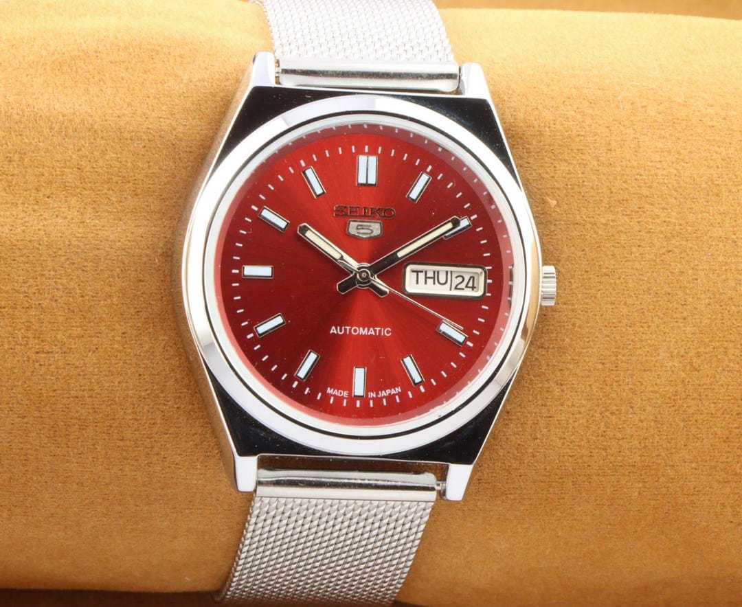 Vintage Refurbished Seiko 5 Red Dial Men's Working Wrist Watch 37.5mm ...