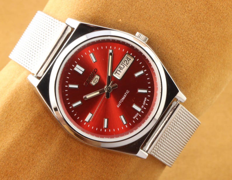 Seiko 5 Red Dial Women Dress Automatic Working Wrist Watch 37.5mm ...