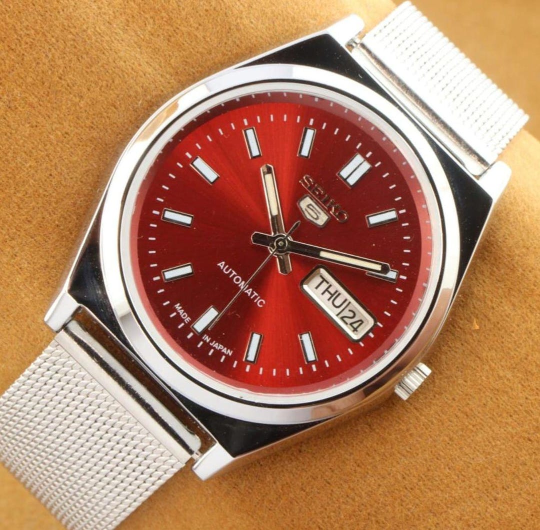 Seiko 5 Red Dial Women Dress Automatic Working Wrist Watch 37.5mm ...
