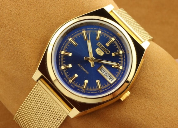 Vintage refurbished Seiko 5 golden blue dial men's wo… - Gem