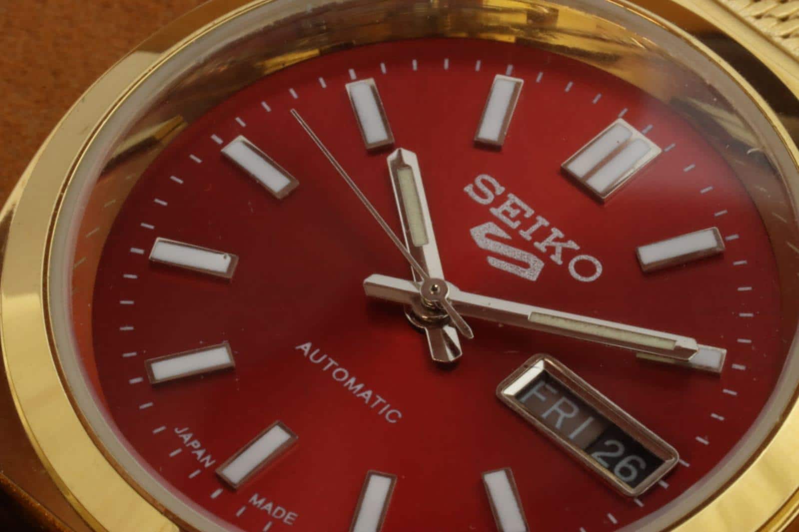 Vintage Refurbished Seiko 5 Golden Red Dial Men's Working Wrist Watch ...