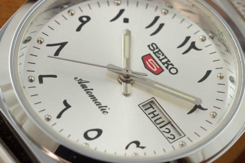 Vintage 1980s Seiko 5 Automatic Arabic Silver Dial Men's Working Wrist ...