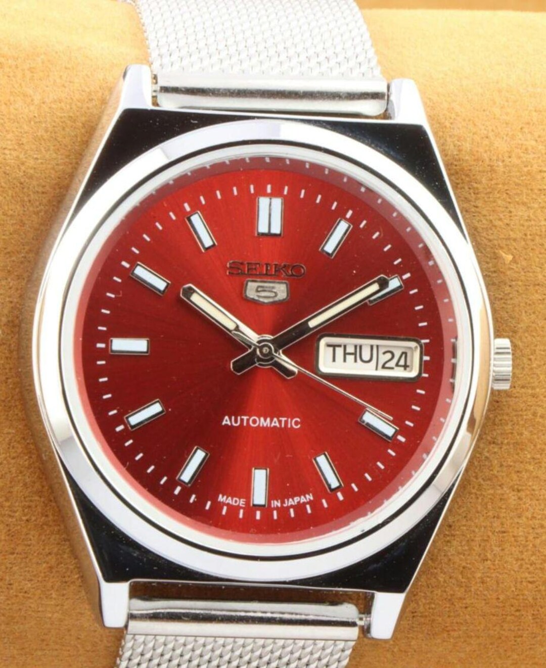 Seiko 5 Red Dial Men's Dress Automatic Working Wrist Watch 37.5mm ...