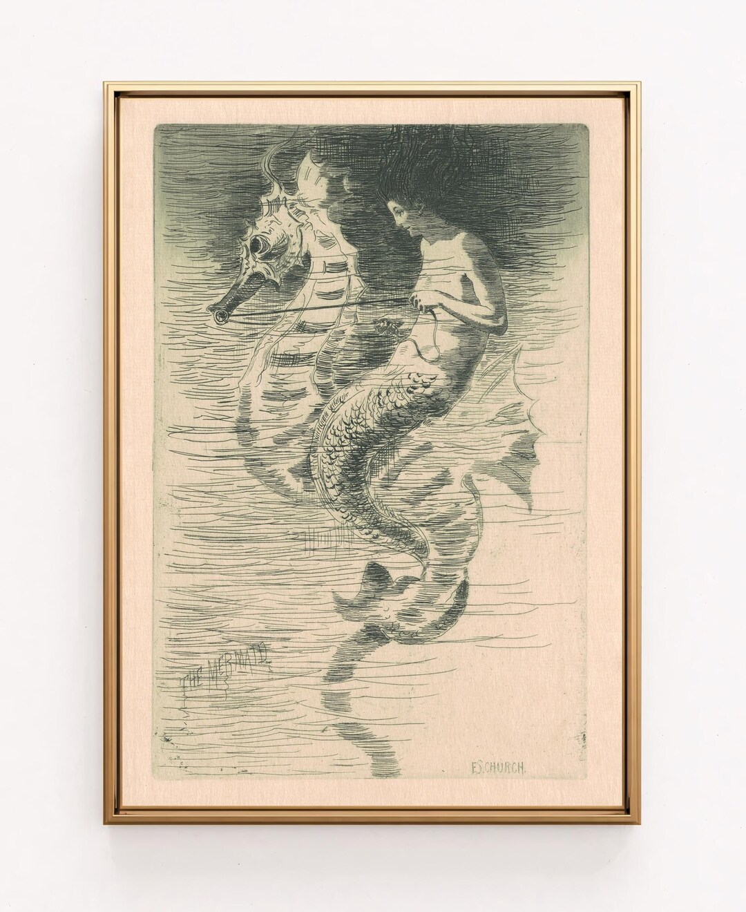 Enchanting Mermaid & Seahorse Etching by E.S. Church, Detailed Textured ...
