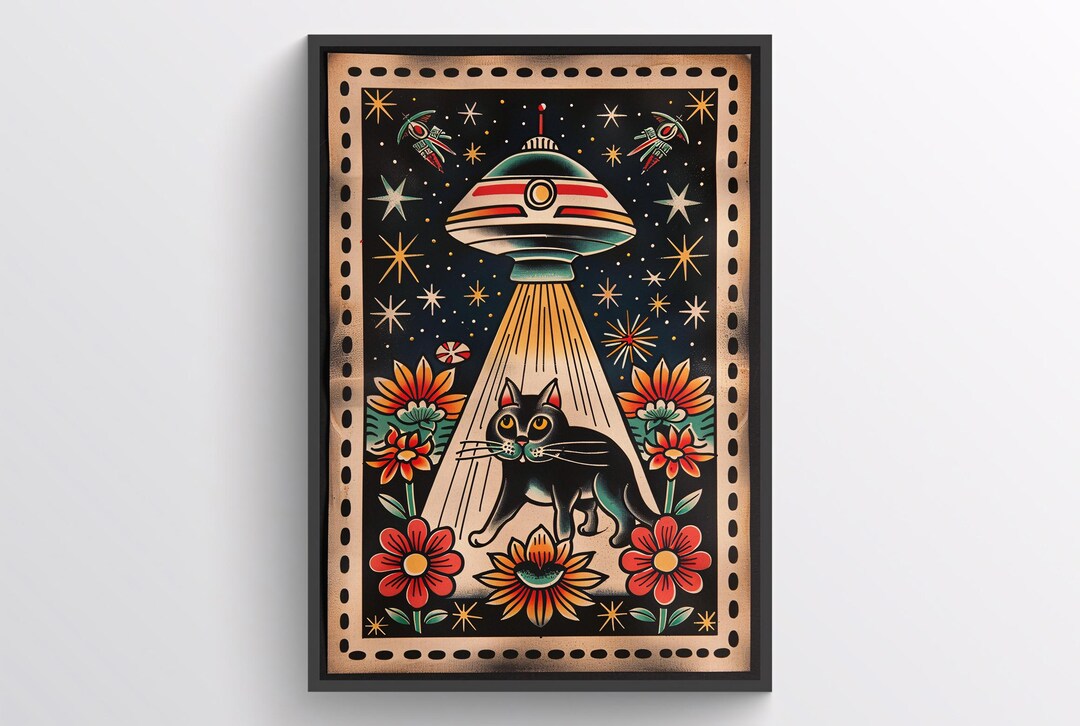 Retro UFO Black Cat Abduction Art Print - Vintage Tattoo-style Poster ...