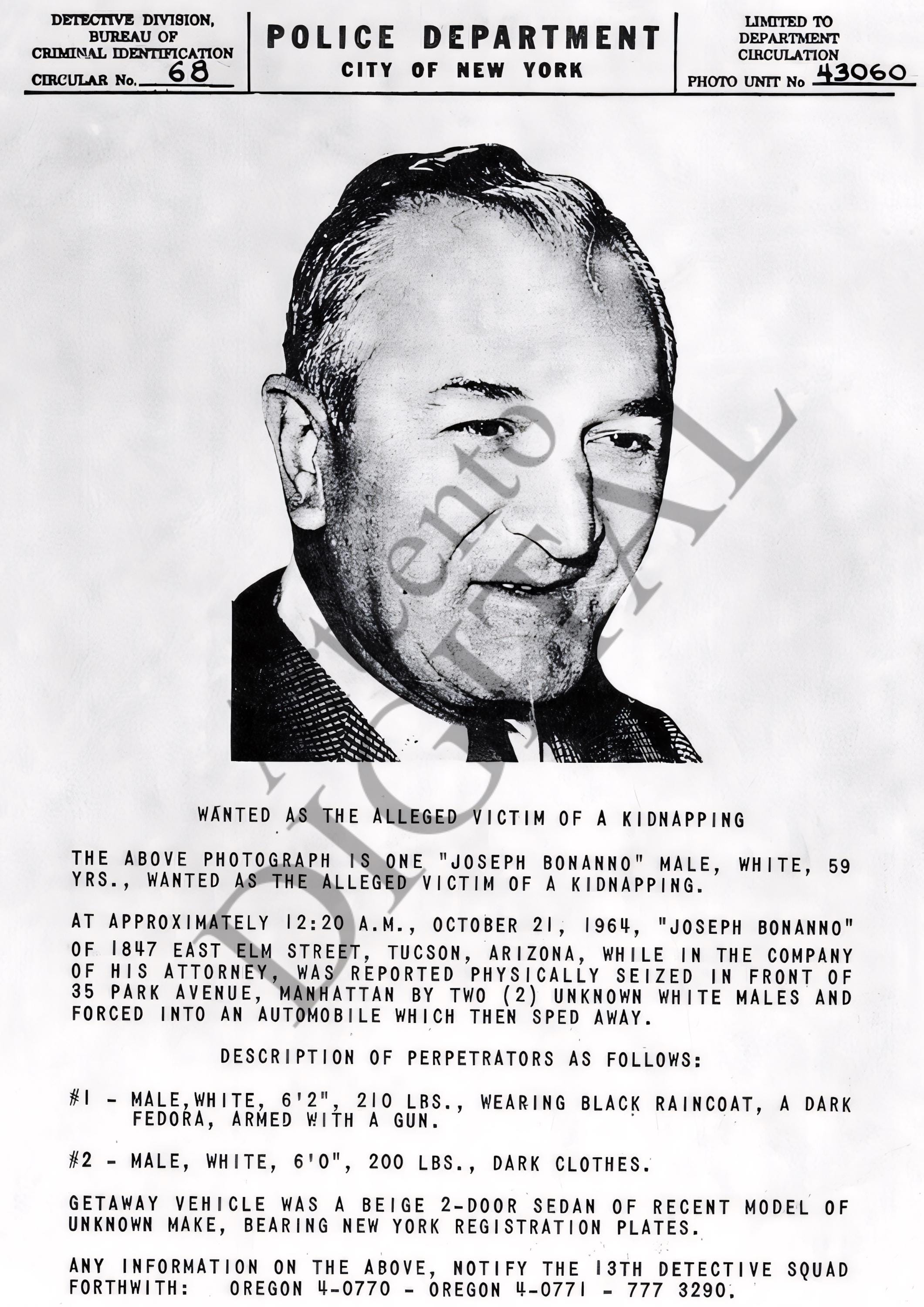 Joseph Bonanno Wanted Poster, Crime Leader, Mafia Boss,nyc Police ...