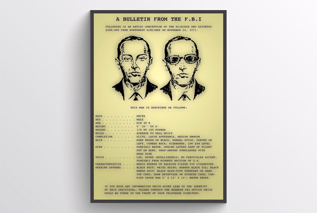 D.B. Cooper FBI Wanted Poster, 1971 Plane Hijacking, Unique True Crime ...
