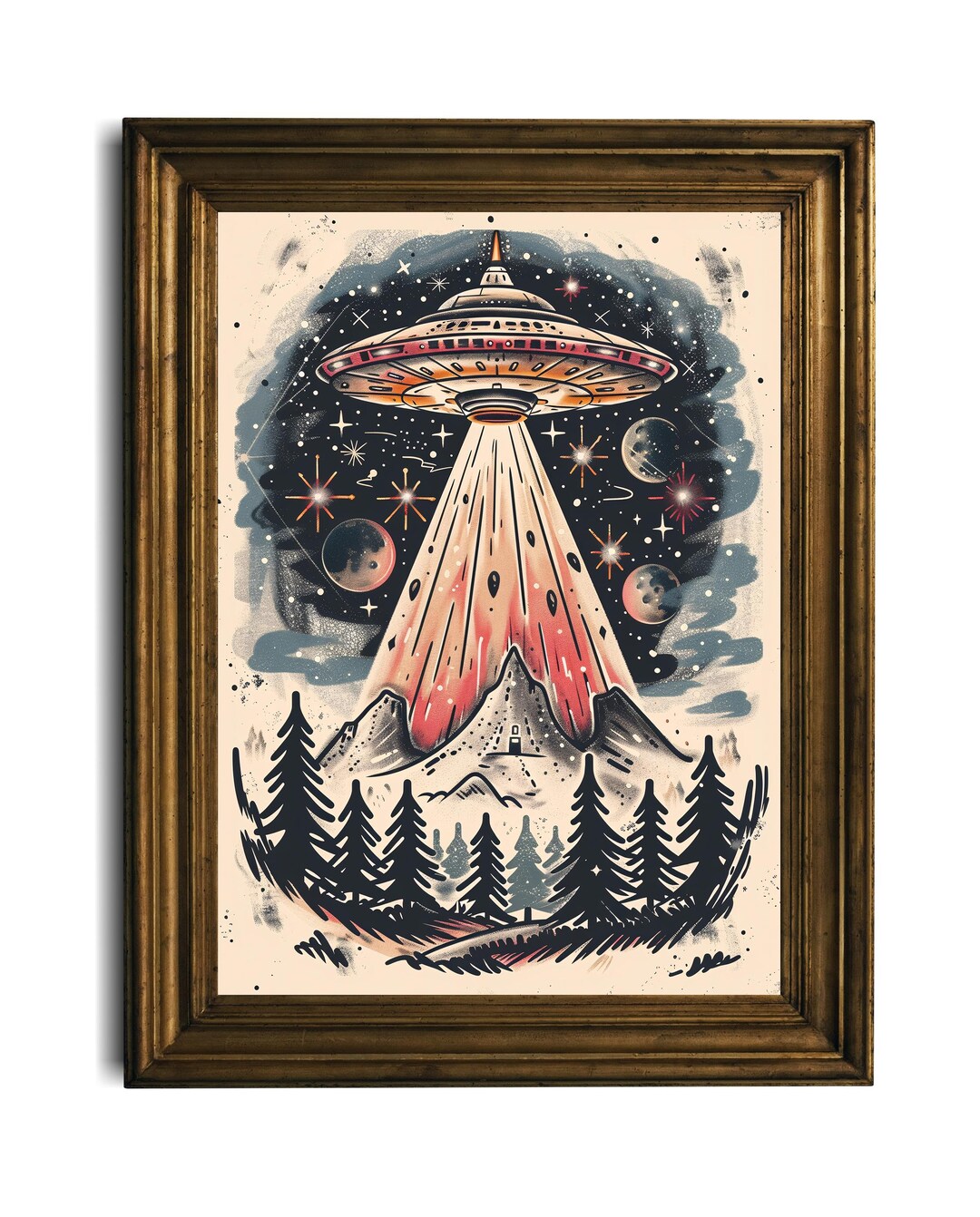 Retro Sci-fi UFO Spaceship Art Print - Vintage Tattoo Style Digital ...
