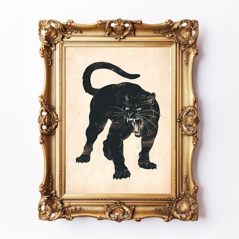 Black Panther Vintage Digital Art Print: Retro Style Wildcat Wall Decor ...