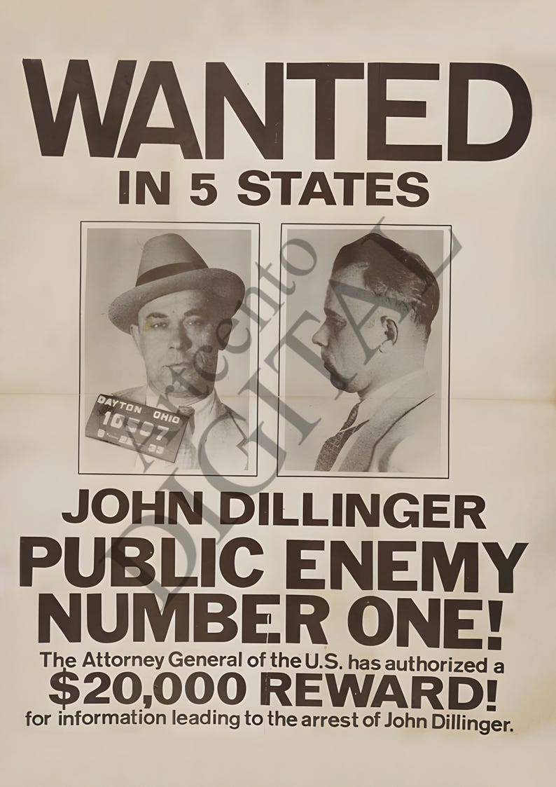 John Dillinger Wanted Poster, Digital Download, Vintage Print, Poster, Crime History ...