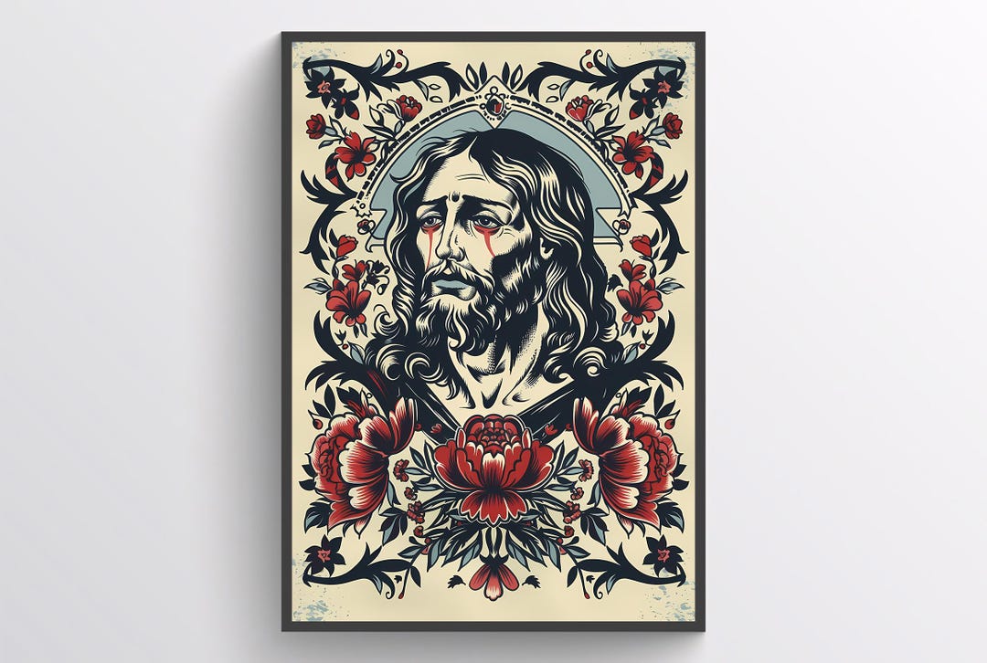 Vintage Tattoo Jesus Religious Digital Art Print With Floral Motifs ...