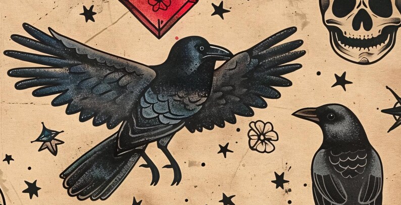 Mystical Crow Tattoo Art Printable: Vintage Crow With Wings, Skull ...