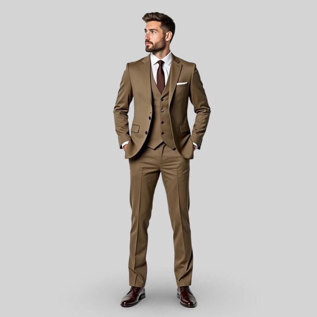 Customized Classic Light Brown Wedding Suit Stunning Slim-fit 3-piece ...
