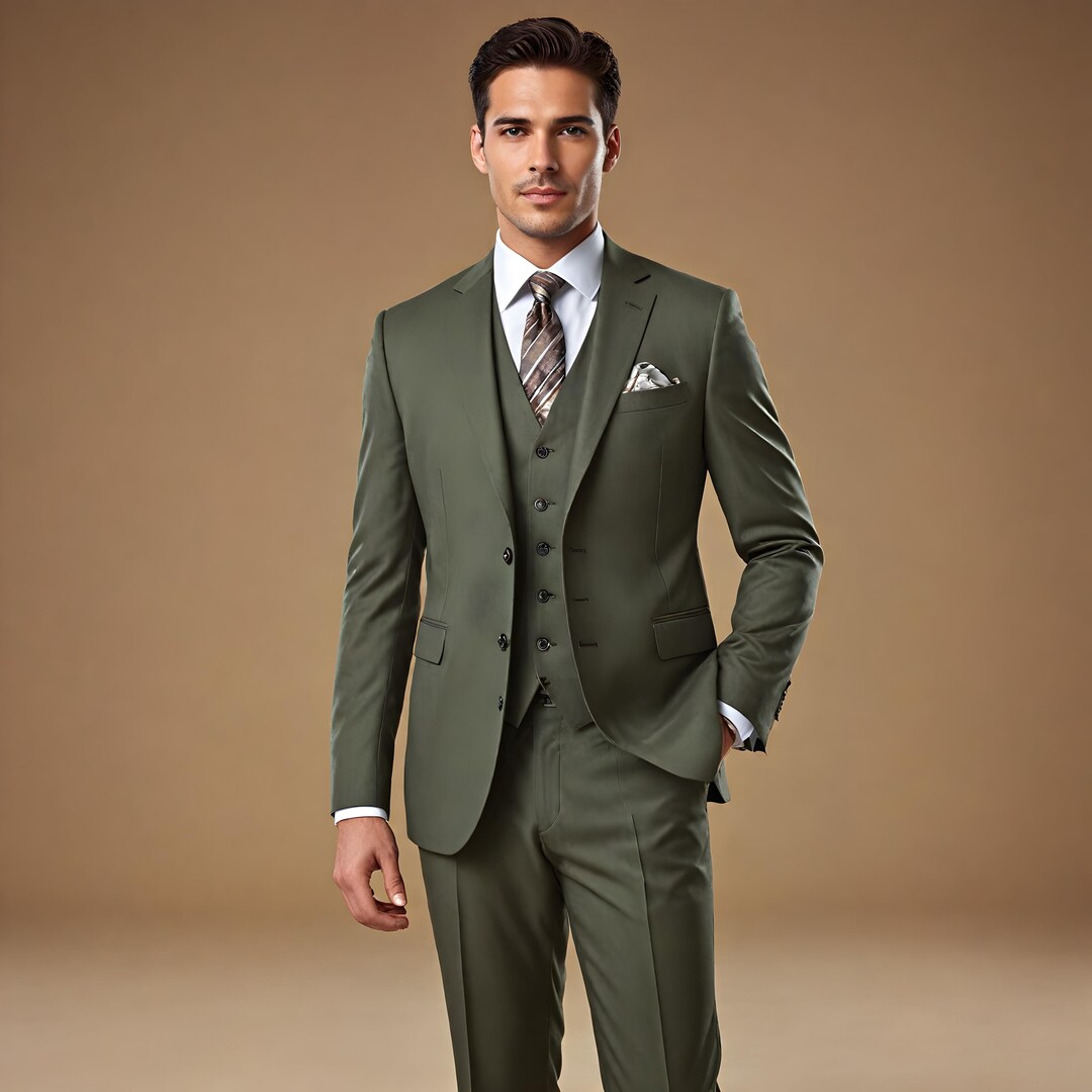 Olive Green Three-piece Suit Tailor-made Green Tailored Suit Groomsmen Green Wedding Suit Green ...