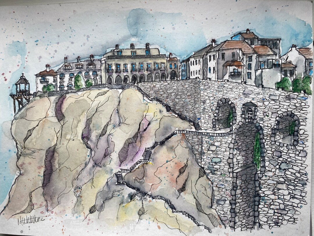 The Roman Bridge of Ronda, Puente Nuevo, Spain. Original Watercolour ...