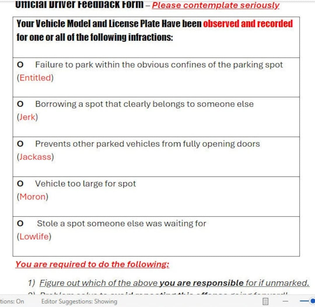 Snarky Sarcastic Drivers Feedback Form. Gag or Serious??? Print One at ...