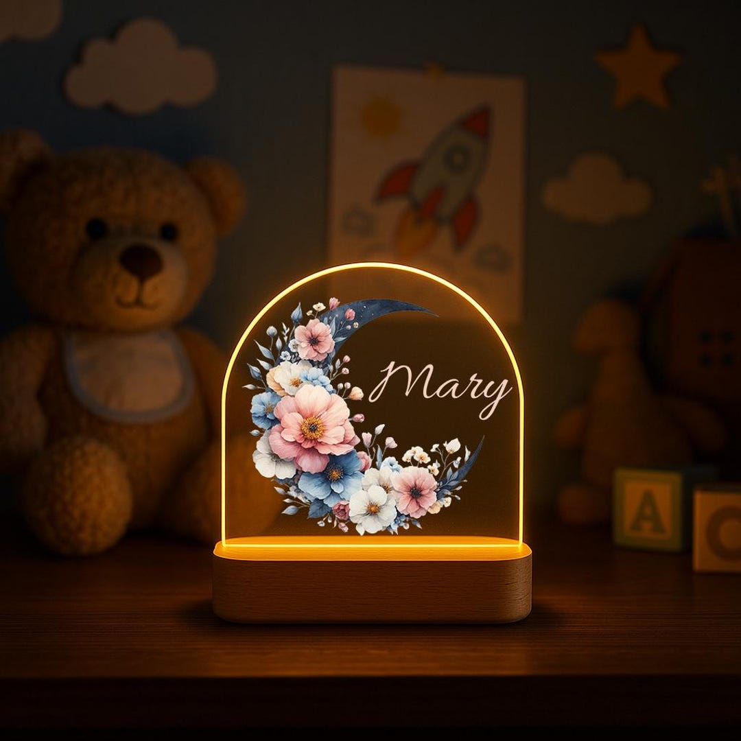 Personalized Baby Girl Night Light: Floral Moon Lamp, Custom Name - Etsy
